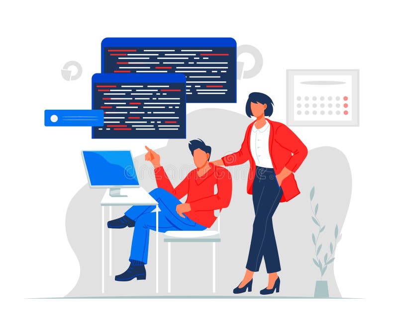Software Engineers Or Developers Coding And Testing A Computer Program Flat Vector Stock Vector