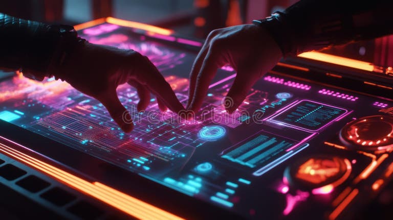 Software Engineers Working on Futuristic Interactive Touchscreen Table Display Stock Image ...