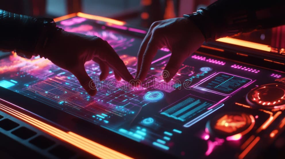 Software Engineers Working on Futuristic Interactive Touchscreen Table Display Stock Image ...