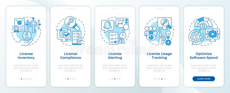 Software Licensing Features Blue Onboarding Mobile App Screen Stock ...