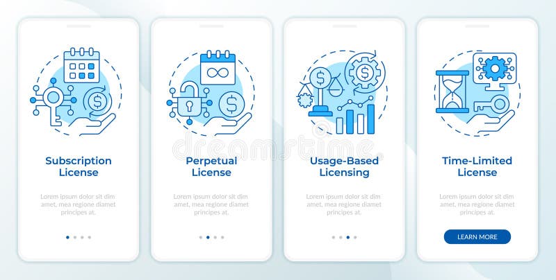 Software Licensing Types Blue Onboarding Mobile App Screen Stock Vector ...