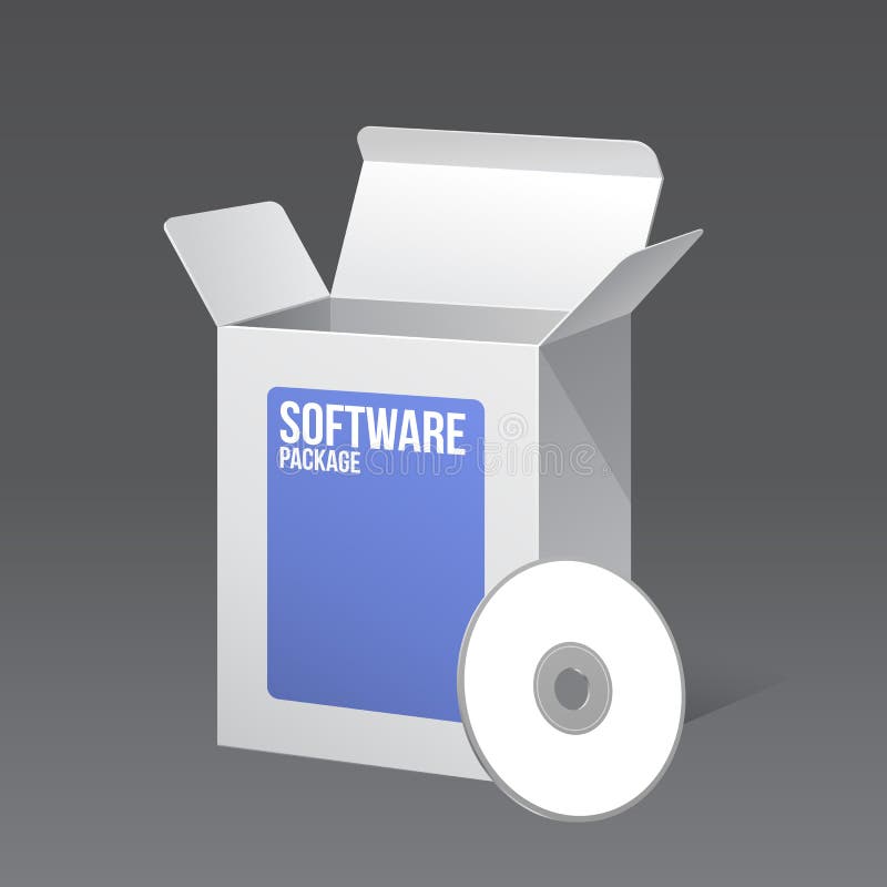 Software Package Carton Blank Box Opened and Blue with CD or DVD Disk ...