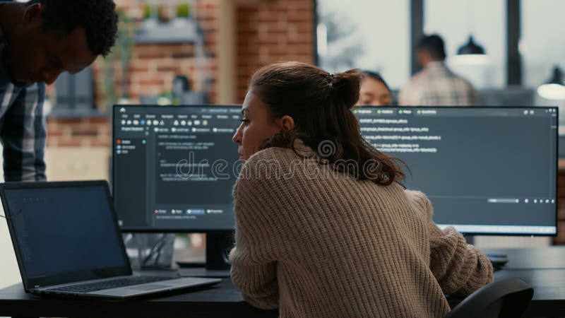 Software Programer Putting Laptop With Source Code On Colleague Coder Desk Asking For Opinion 2823