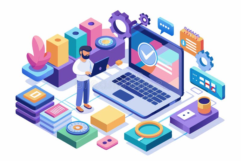 A Software Tester Engages with a Laptop Surrounded by Colorful Digital ...