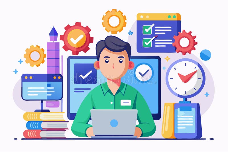 A Software Tester is Focused on His Laptop, Surrounded by Tools and ...