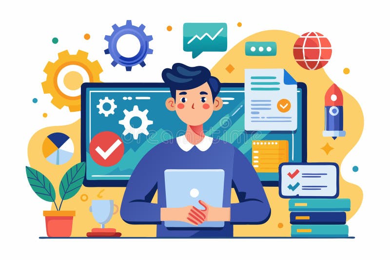 A Software Tester Uses a Laptop in a Workspace Filled with Analysis ...