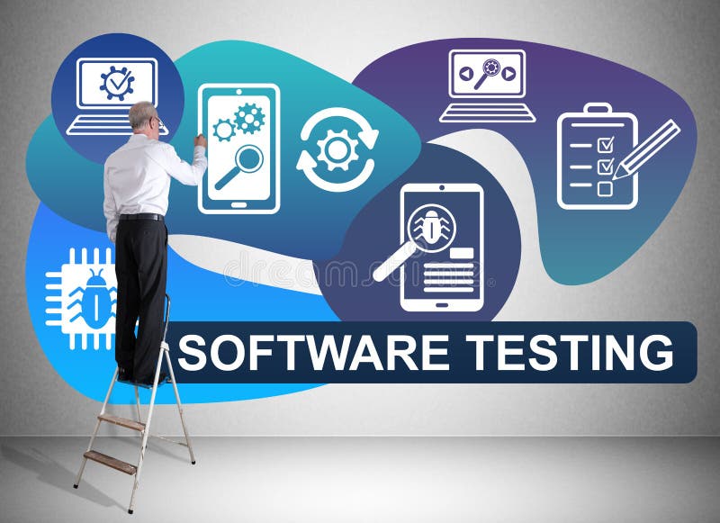 Software Testing Concept Drawn by a Man on a Ladder Stock Image - Image ...