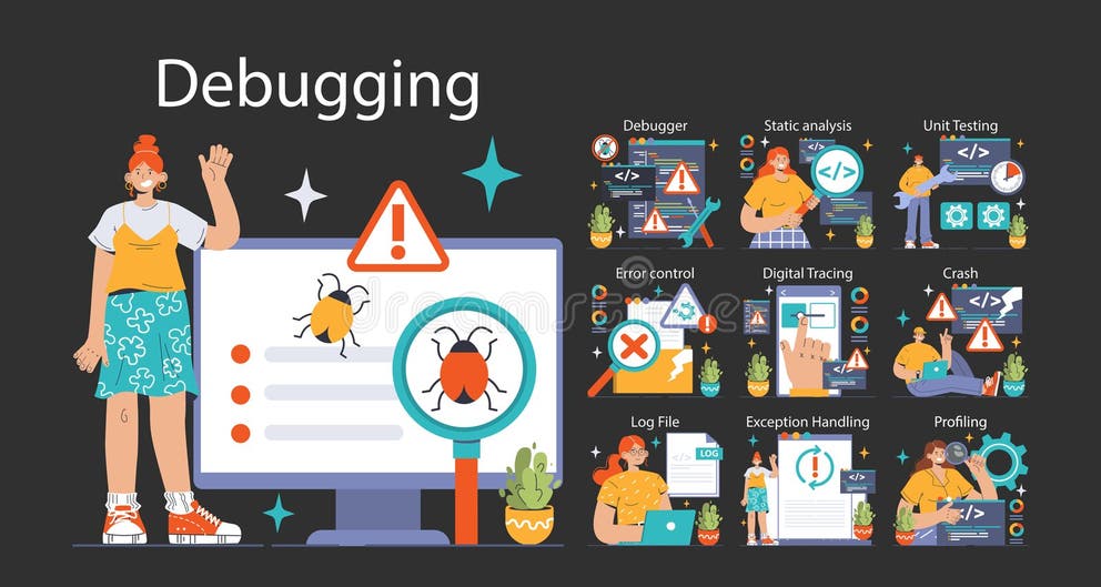 Software Testing Dark or Night Mode Set. Code Testing and Debugging ...