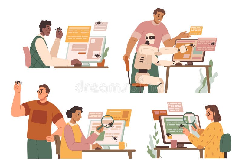 Software Testing And Repair Engineers Cartoon Set Stock Vector Illustration Of Engineering