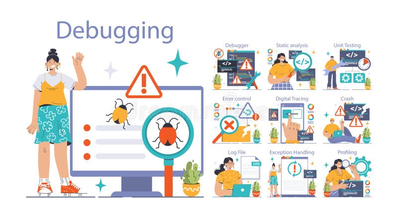 Software Testing Set Code Testing And Debugging Stock Vector Illustration Of Data Coder
