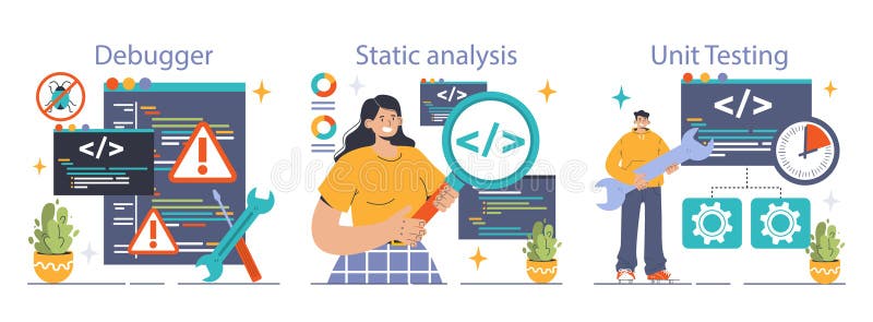 Software Testing Set Code Testing And Debugging Stock Vector Illustration Of Technology Data 5816
