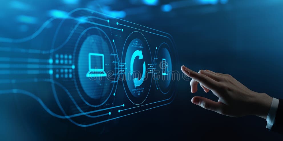 Software Update. Human Hand Touching Futuristic Virtual Screen with ...