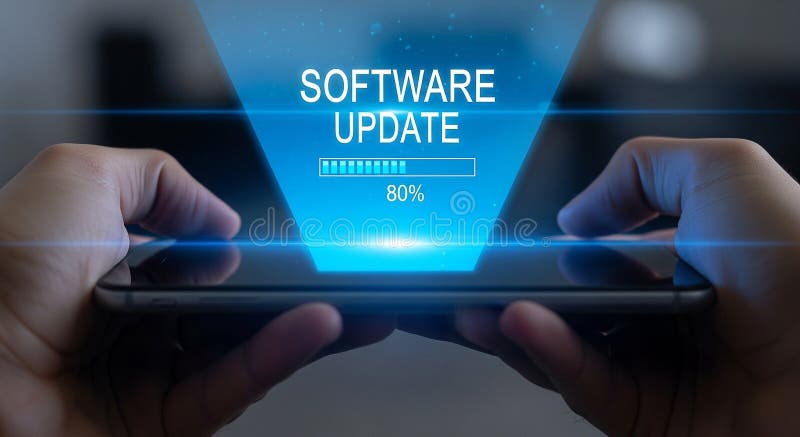 Software Update on Mobile Phone Concept Showing Progress Bar and Hands Holding Device for ...
