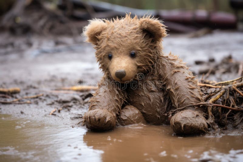 A Soggy Teddy Bear Lying in the Muddy Aftermath of a Flood Stock ...