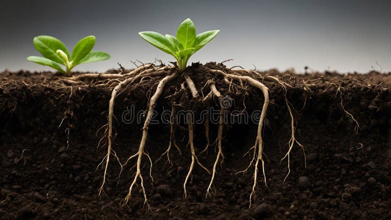 Soil Featuring Exposed Plant Roots and Rich Organic Material Stock ...