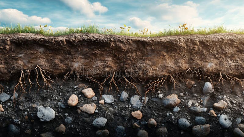 Soil Layers Showcase a Cross-section of Roots, Rocks, and Green Grass ...