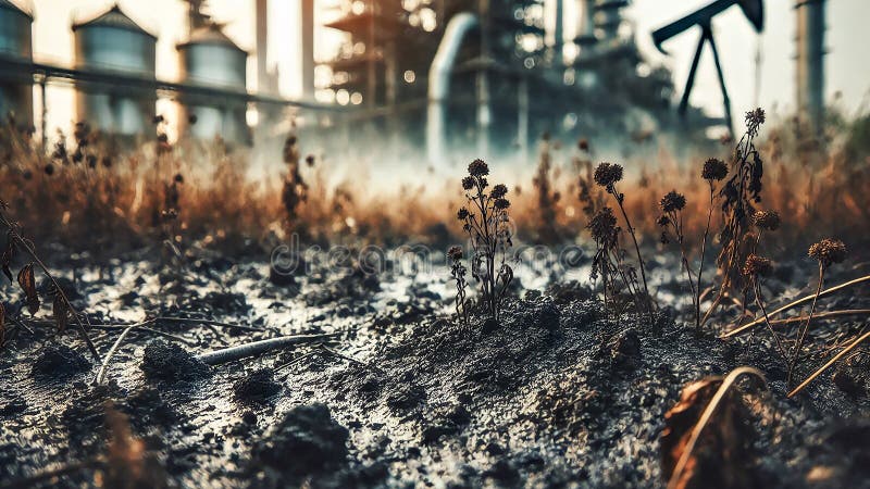 Soil Stained by Chemicals. the Background Features Blurred Dead Plants ...