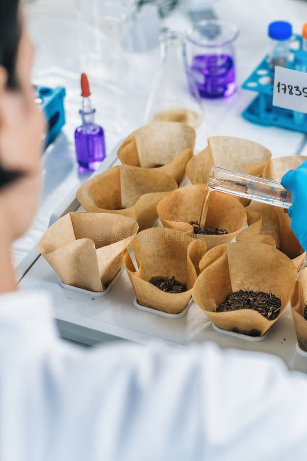 Soil Testing. Biologist Pouring Water into Containers with Soil Samples ...