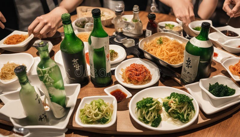Soju Bottles and Korean Side Dishes on the Menu Stock Illustration ...