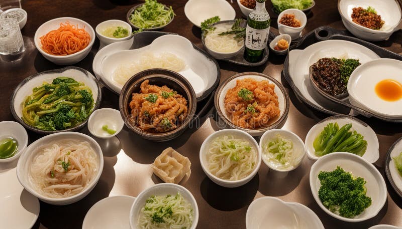 Soju Bottles and Korean Side Dishes on the Menu Stock Illustration ...
