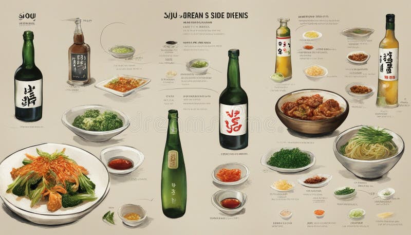 Soju Bottles and Korean Side Dishes on the Menu Stock Illustration ...
