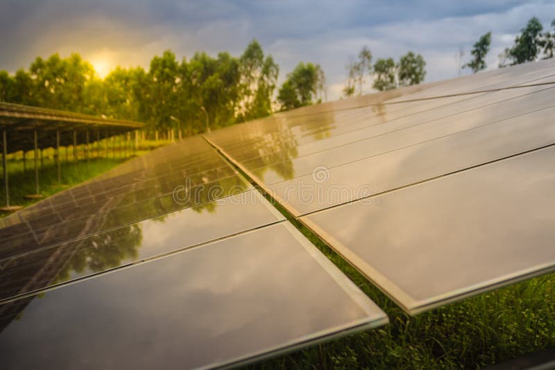 Sol- Celler (photovoltaic Panel) Med Reflexionen Av Solljus ...