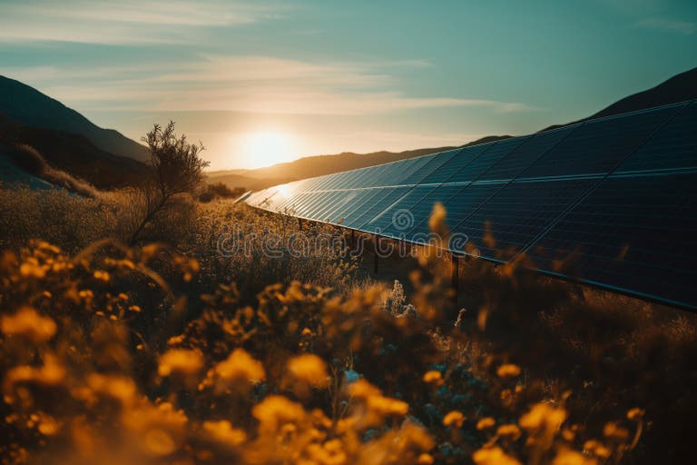 Solar Array in a Desert Landscape with a Focus on Solar Panel ...