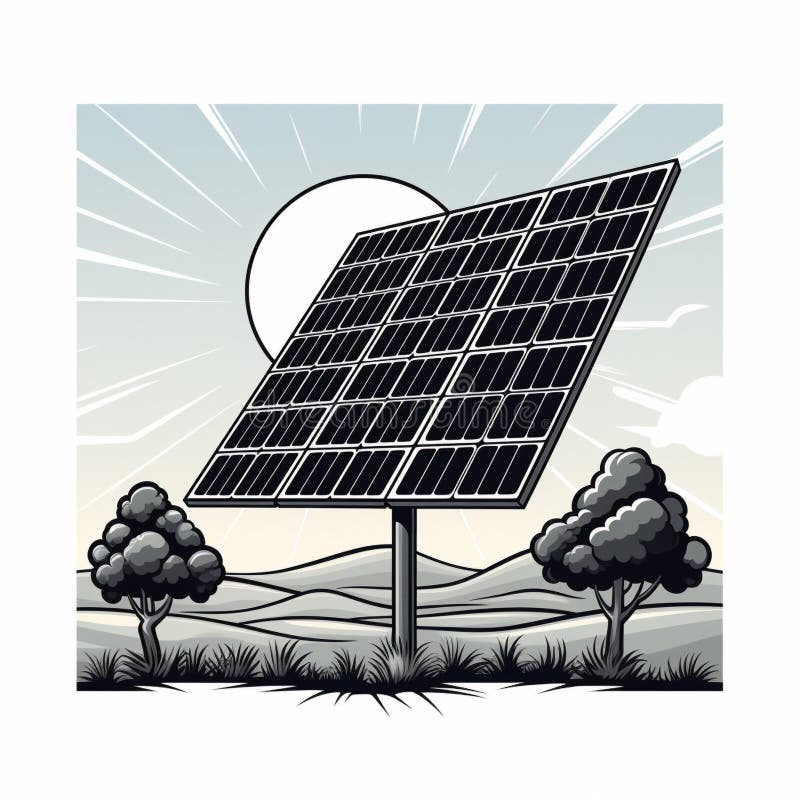 Solar Array with Flat Landscape on Black and White Illustration Stock ...