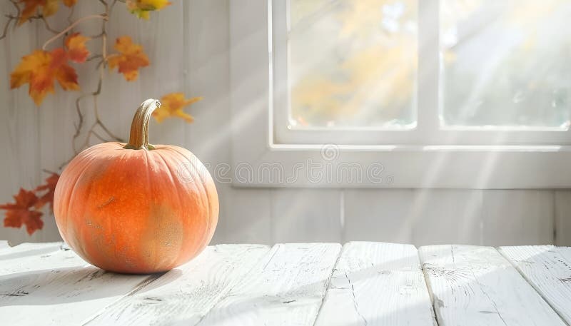Solar Autumn Pumpkin in the Kitchen on a White Table Stock Image ...