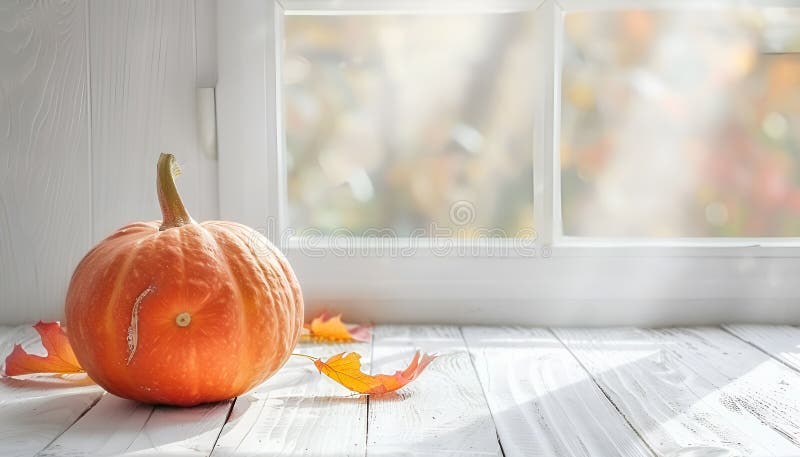 Solar Autumn Pumpkin in the Kitchen on a White Table Stock Photo ...