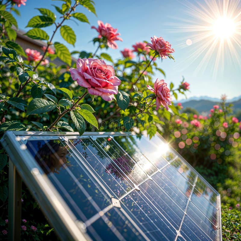Blooming Roses Under Bright Sun and Solar Panel, Generative Ai Stock ...