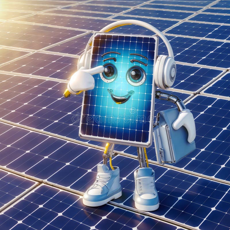 Solar Cell Character with Headphones and Briefcase on the Background of ...