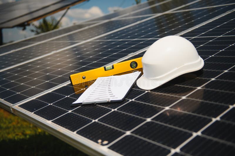 Solar Cell Contractor Document with Orange Engineering Team Helmet on ...