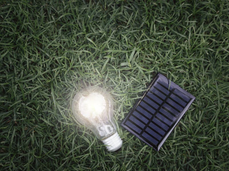 Solar Cell and Light Bulb on Green Grass, Energy-saving, Using ...