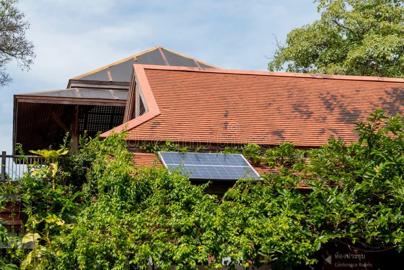 Solar Cell Panel on the Brown Roof with Many Climber Trees Editorial ...