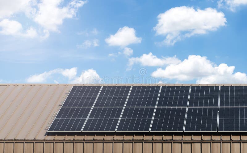 Solar Cell Panel on Roof with Blue Sky and Cloud Background Stock Image ...