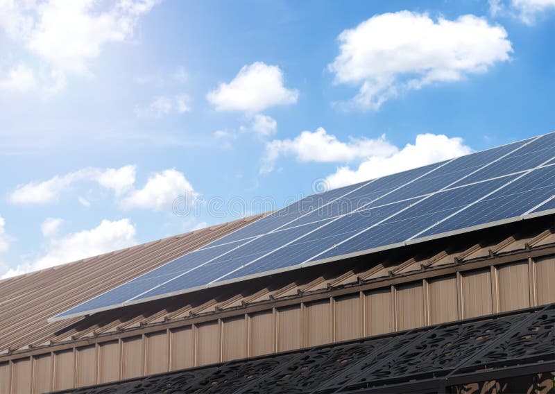 Solar Cell Panel on Roof with Blue Sky and Cloud Background Stock Photo ...