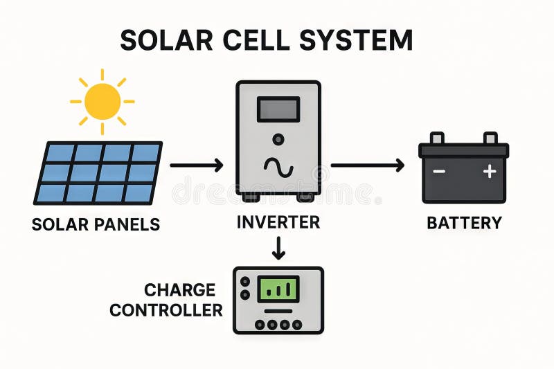 Solar Cell System Diagram Featuring Panels Inverter Battery and Charge ...