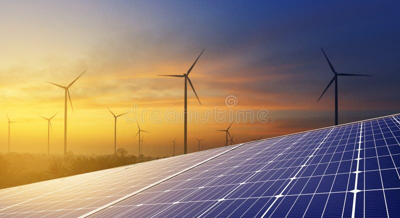 Solar Cell System and Wind Turbines at Sunset. Stock Image - Image of ...