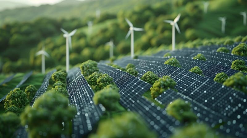 Solar Cell and Wind Turbine Technology Low Poly Wireframe Stock ...