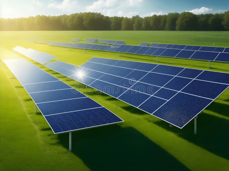 Solar Cells on Green Field, Generative AI Illustration Stock ...