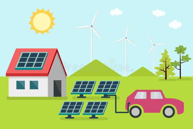Solar Cells On The Roof With Wind Turbines Generating Electricity In