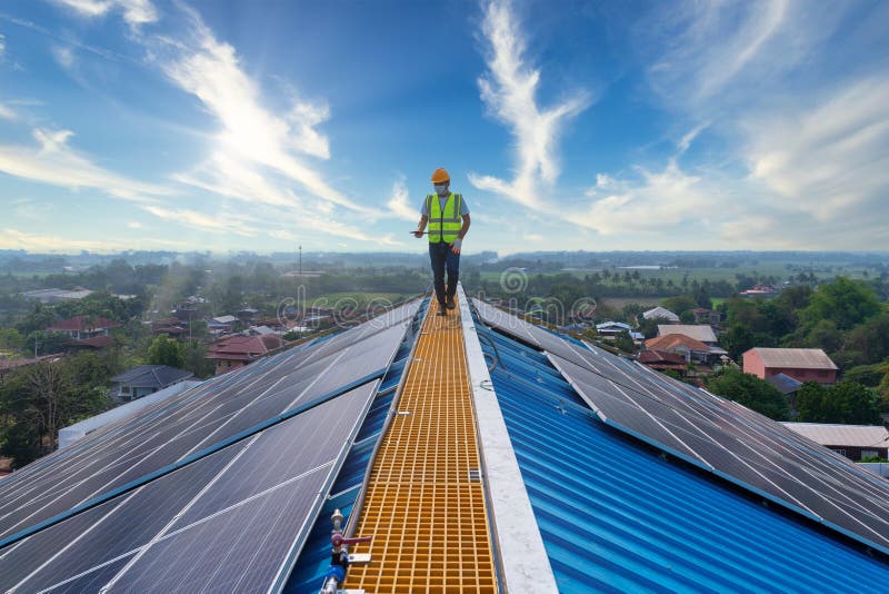 Solar Cells, Technician Working at Solar Power Station on Roof, Solar ...