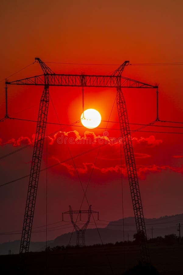 Solar Dish on the Elctric Pylon at the Sunset Stock Photo - Image of ...