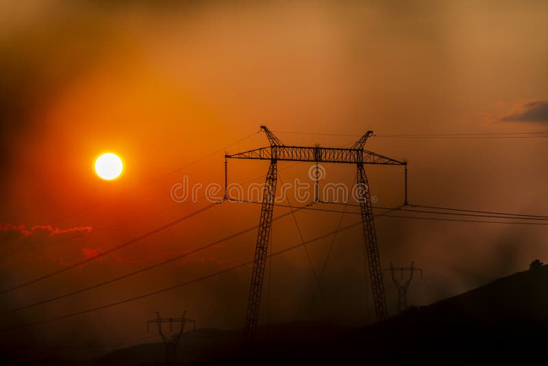 Solar Dish on the Elctric Pylon at the Sunset Stock Photo - Image of ...