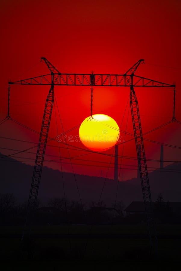 Solar Disk at the Sunset in Electric Pylon Stock Photo - Image of ...