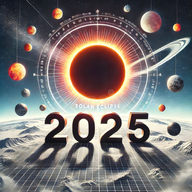 Solar Eclipse 2025 Approaching with Planets Revolving Around Sun and Futuristic Grid on Earth ...