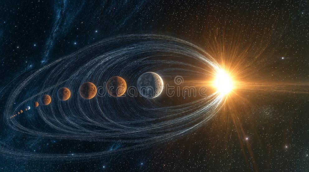 Solar Eclipse with a Backdrop of Space and Planets Stock Illustration ...