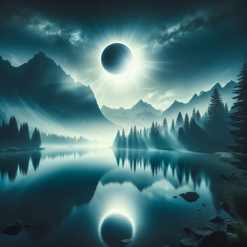 A Solar Eclipse Casting a Shadow Over a Serene Lake, Creating Stock ...