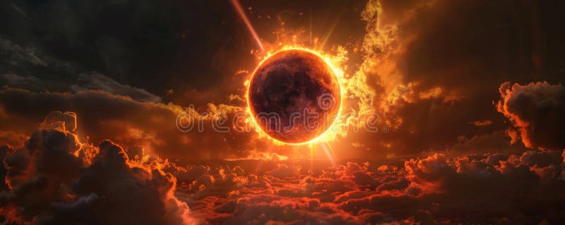Solar Eclipse with Dramatic Fiery Sky and Clouds at Sunset, Celestial ...